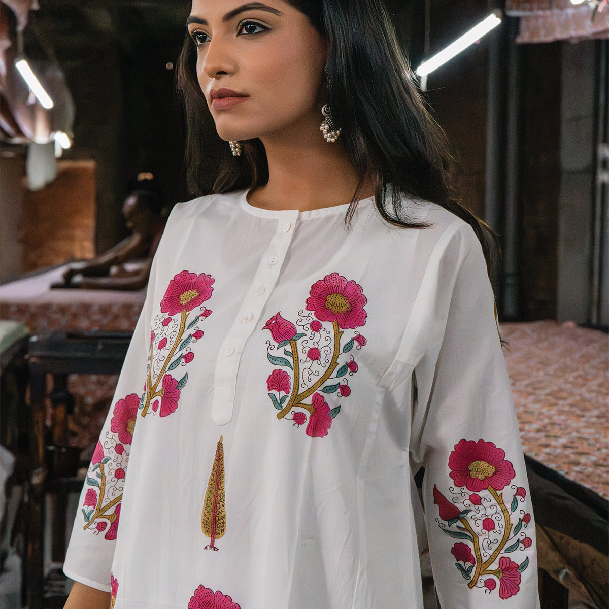 Vintage Bloom - Hand Block Printed Mughal Butta with Cypress Design ...