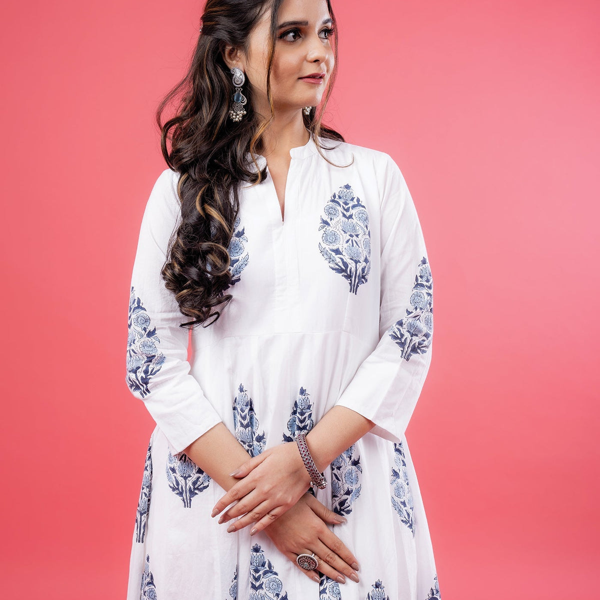 Hand Block Print Mughal Buta With Floral Design Anarkali Kurta