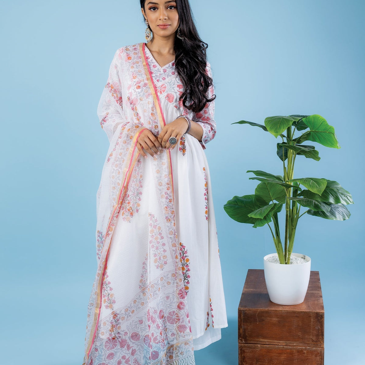 Rozana - Hand Block Print Orange and Pink Mughal Butta Cotton Anarkali ...