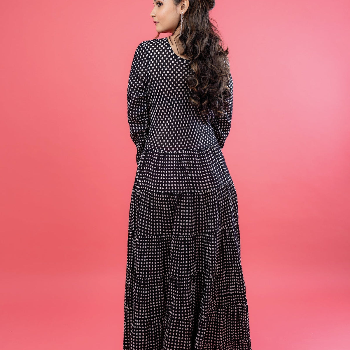 Santa Fe Dress - Hand Block Print Black Polka Dot Mulmul Flare Long Dress